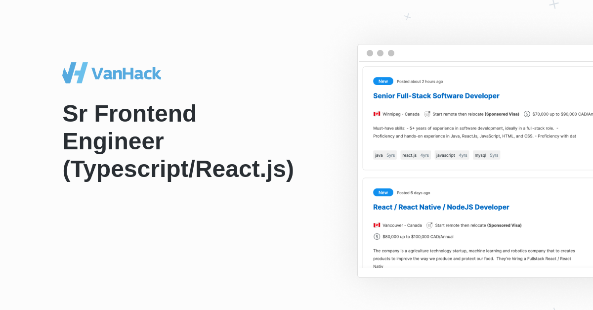Sr Frontend Engineer (Typescript/React.js) - VanHack